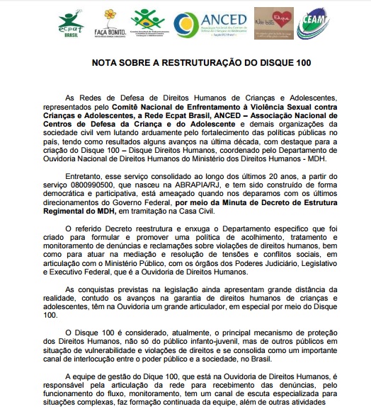 Nota: organizações se mobilizam em defesa do Disque 100 – Rede Não Bata ...